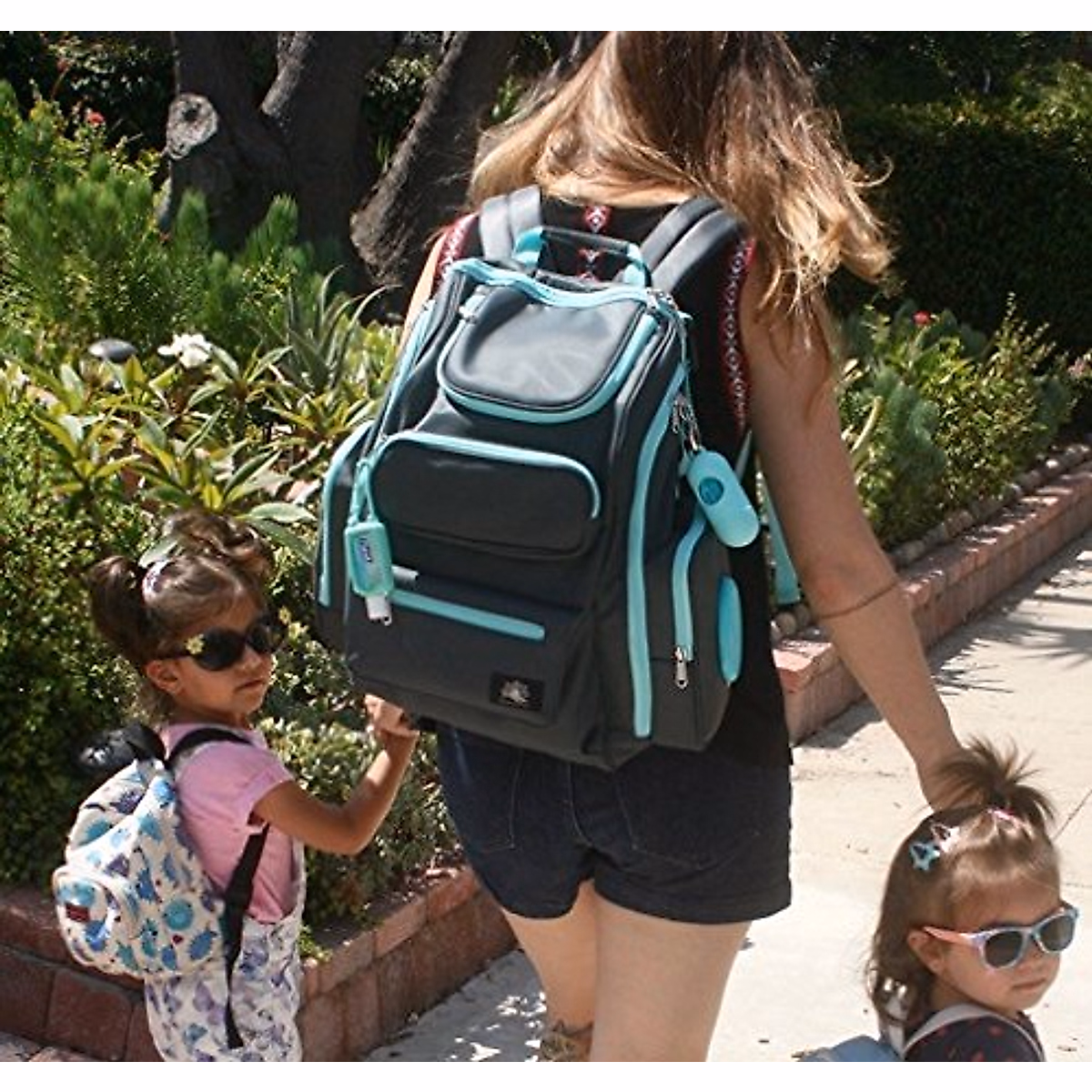 Tangerine Views Diaper Bag Backpack - 4pcs: Spacious Gender Neutral Colors w/Changing Pad, Stroller Straps, Food Snack Pack, and Waste Bag Dispenser w/Bags, Dark Gray With Teal, Large