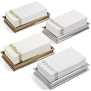 Decorative Hand Towels and Hand Towel Metal Tray for Guest Bathroom, Corporate Bathroom, Hotel Bathroom - Silver Brocade Pattern Paper Towels for Guest with Silver Metal Vanity Tray