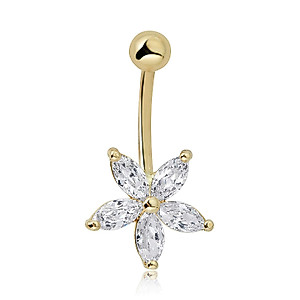 AVORA 10K Yellow Gold Marquise-shape Simulated Diamond CZ Flower Belly Button Ring Body Jewelry (14 Gauge)