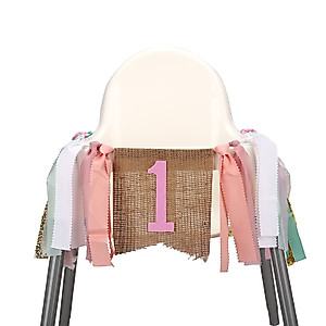 1st Birthday Banner For Baby, AULEGE First Birthday High Chair Banner, Party Theme Pull Flag for Baby 1st Birthday Party Supplies, Coral Pink