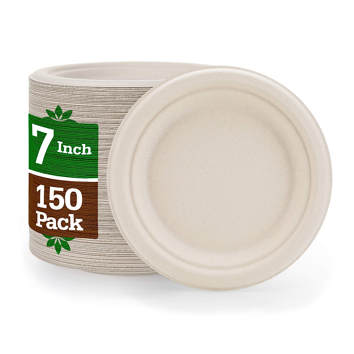 NexHex 7" Paper Plates [150-Pack] Brown Compostable Disposable Biodegradable Premium Natural Eco-Friendly Bagasse, Made of Sugar Cane Fibers Heavy-Duty Quality
