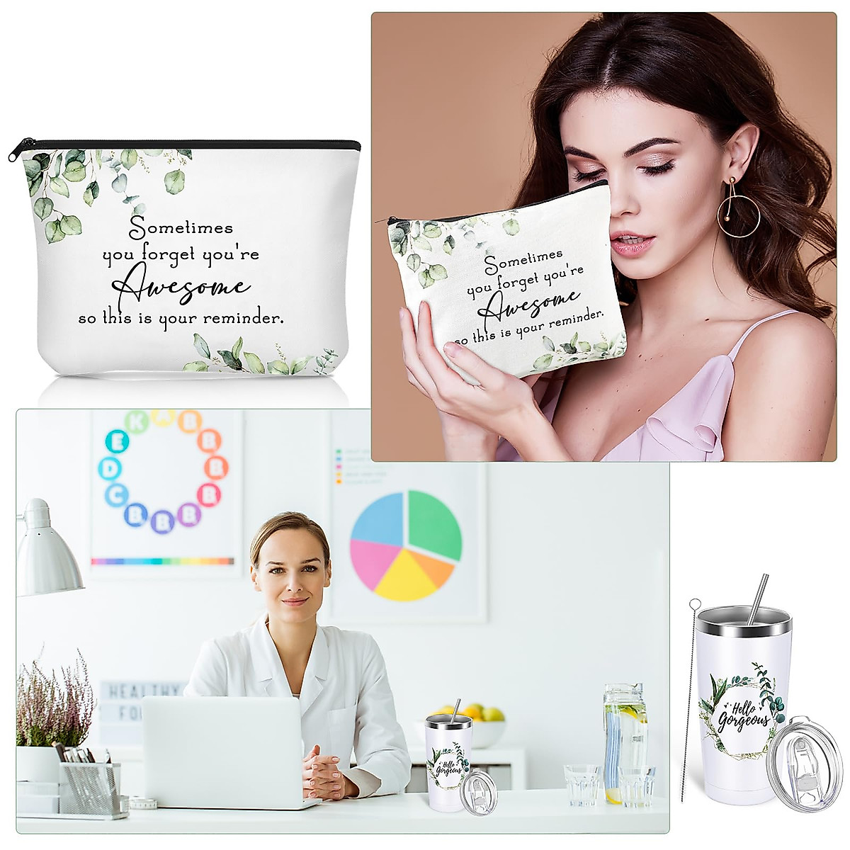 Inbagi Women Inspirational Gift Set Thank You Gift for Women Including 20oz Tumbler Cup Cosmetic Bag Stainless Steel Tumbler Employee Appreciation Gift Motivational Birthday Gift Coworker Secretary