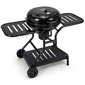 Giantex Kettle Charcoal Grill 22-Inch, Porcelain Enamel Body and Lid, 2 Side Tables with 4 Hooks, Storage Shelf, Upgraded Ash Catcher, Thermometer, Air Vents, Outdoor Cooking Barbecue Grill