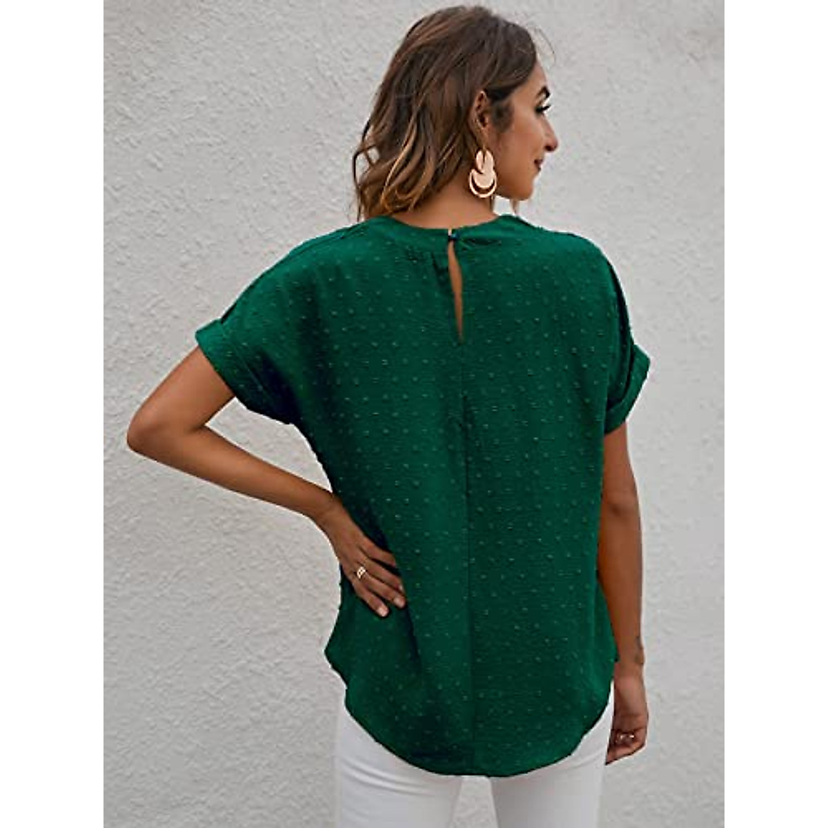 Milumia Women's Casual Swiss Dots Chiffon Ruffle Front Short Sleeve Work Office Blouse Top Green Large