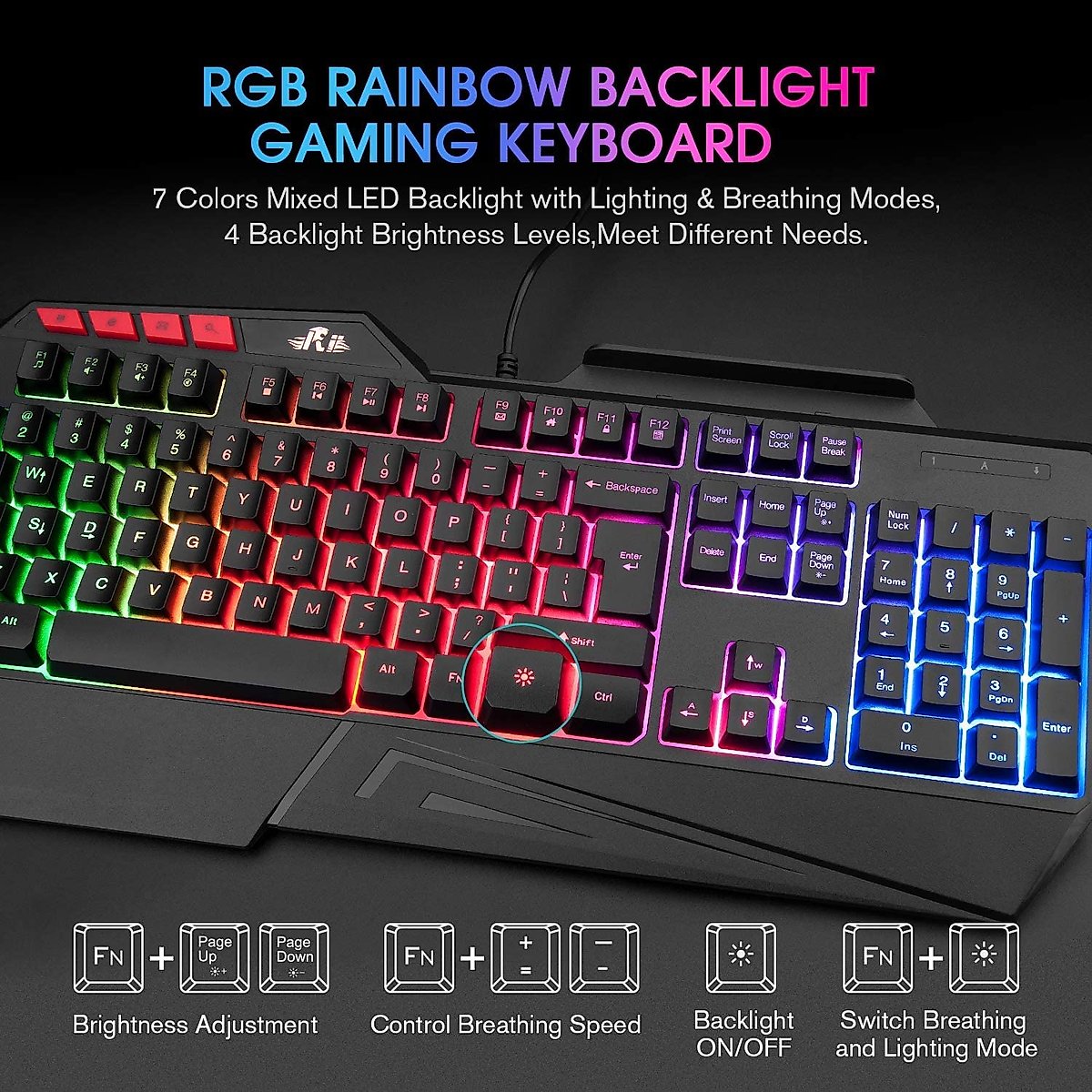 Rii RK202 RGB Gaming Keyboard Multiple Color Rainbow LED Backlit USB Wired Gaming Keyboard,104 Keys Silent Keyboard with Wrist Rest for Windows & Mac PC Gamers (Black)