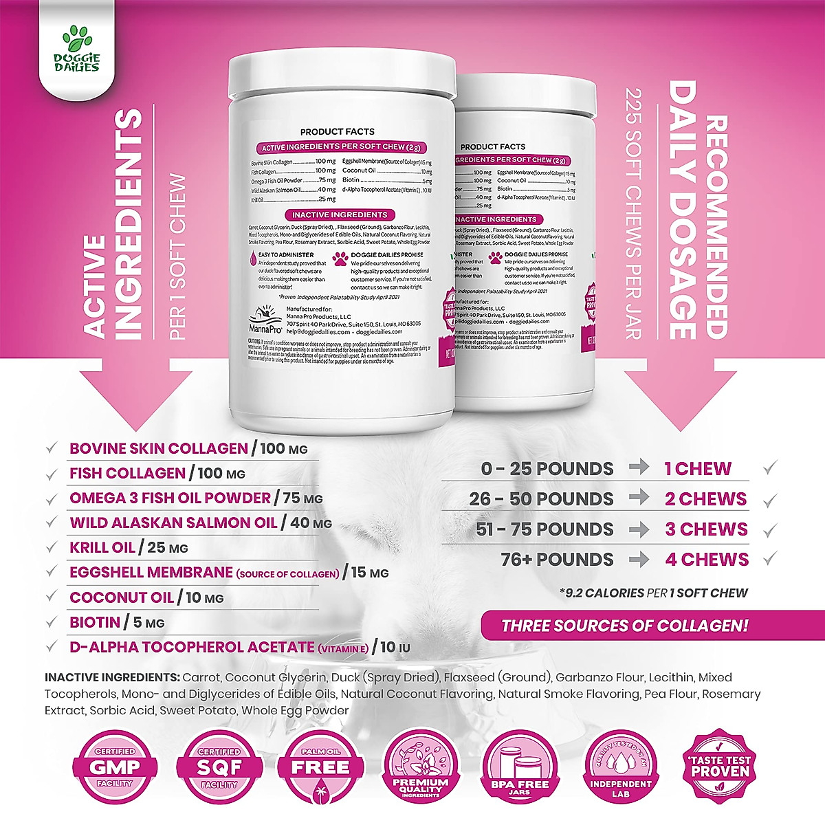 Doggie Dailies Skin & Coat Supplement + Antioxidant Support, 225 Soft Chews, Salmon Oil for Dogs Skin and Coat with Collagen, Omega 3, Krill Oil, Biotin, & Coconut Oil for Dogs