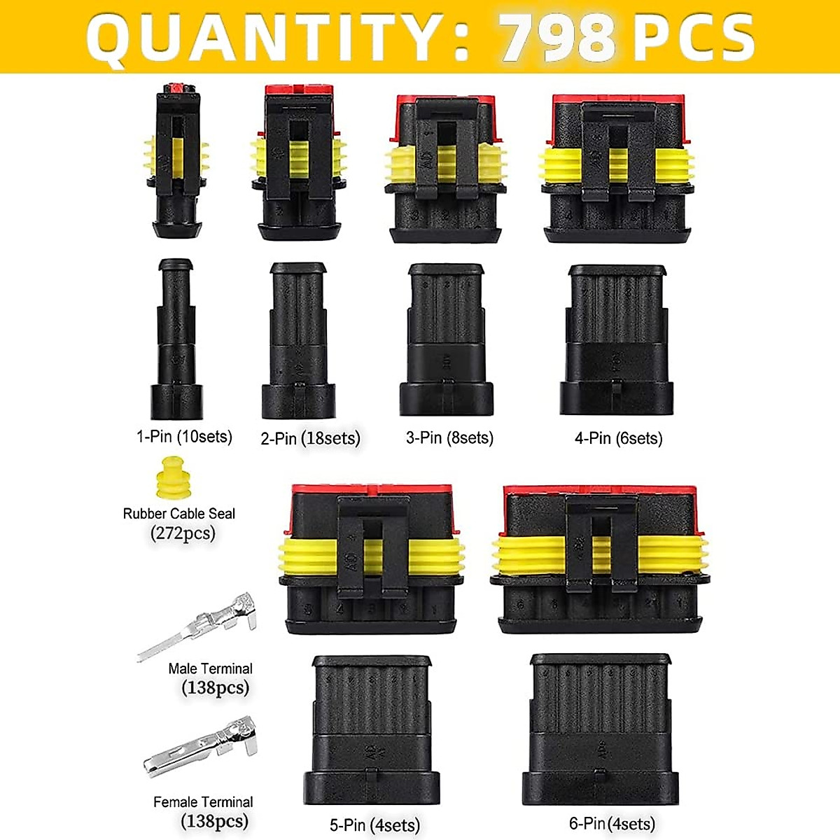 Amliber 798Pcs 43 Kits Waterproof Automotive Wire Connectors With Ratcheting Wire Crimper, 1/2/3/4/5/6 Pin Automotive Electrical Connectors With Wire Crimping Tool Kit