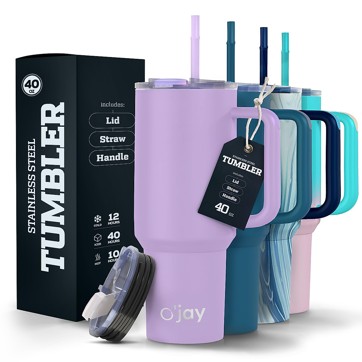 O'JAY Insulated 40oz Tumbler with Handle and Straw Lid - 100% Leak-Proof - Cupholder Friendly Travel Mug - Stainless Steel Insulated Tumbler with Lid and Straw - (Pure Lavender)