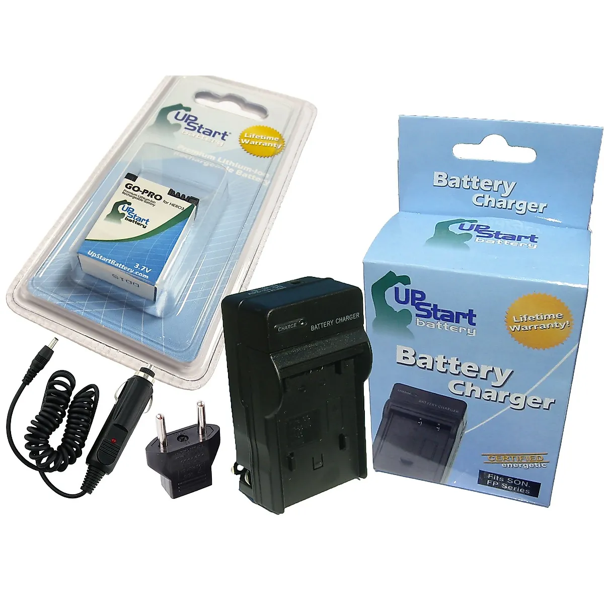 Replacement for GoPro CHDHN-301 Battery and Charger with Car Plug and EU Adapter - Compatible with GoPro AHDBT-301 Digital Camera Batteries and Chargers (900mAh, 3.7V, Lithium-Ion)