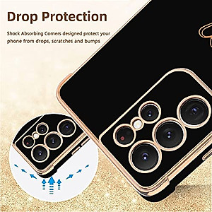 MZELQ Compatible with Samsung Galaxy S21 Ultra 5G Case for Women Cute Luxury Love Heart Pattern Design Full Camera Protection Soft TPU Reinforced Corners Protective Plating Edge Phone Case - Black