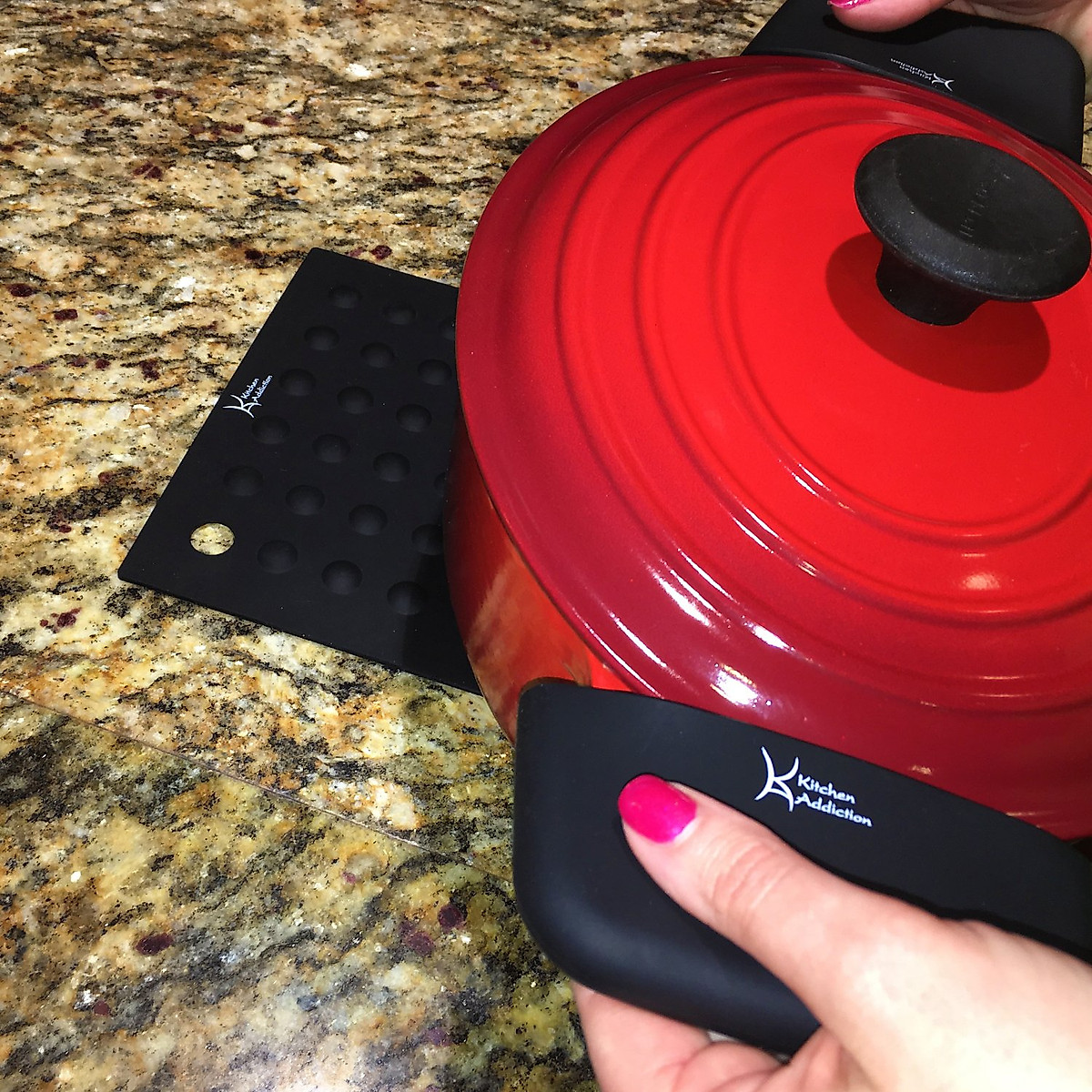 6 Piece Silicone Kitchen Set - Kitchen Addiction 2 Hot Handle Holder Sleeves, 2 Trivet/Potholder/Grippers, 2 Assist Handles Set (Black)