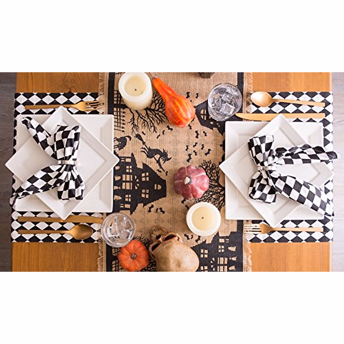 DII Halloween Primitive Style Burlap Tabletop Décor, Spooky Haunted House Jute, Table Runner, 14x74, Black & Tan