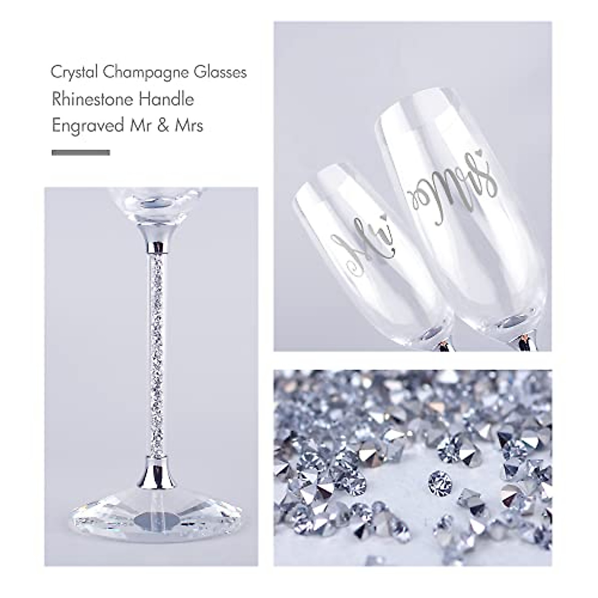 Wedding Cake Knife and Server Set, Crystal Champagne Flutes Glasses Engraved Mr & Mrs, Cake Cutting Set for Wedding, Bride and Groom Toasting Champagne Flutes, Anniversary Engagement Gifts for Couple