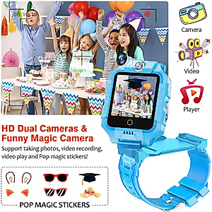OKYUK 4G Kids Watch Phone T10, Funny 360° Rotation Screen Dual Camera Smart Watch for Boys Girls, IP67 Waterproof, 2-Way Calls, GPS, SOS, Video Calls, Remote Control, Pedometer Smartwatch (Azure)