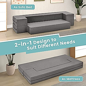 Giantex 8 Inch Folding Sofa Bed Couch, Memory Foam Futon Mattress Linen Fabric Sofa, Floor Couch Lounge Sleeper Bed for Living Room Bedroom Guest Room, Dark Grey, Queen