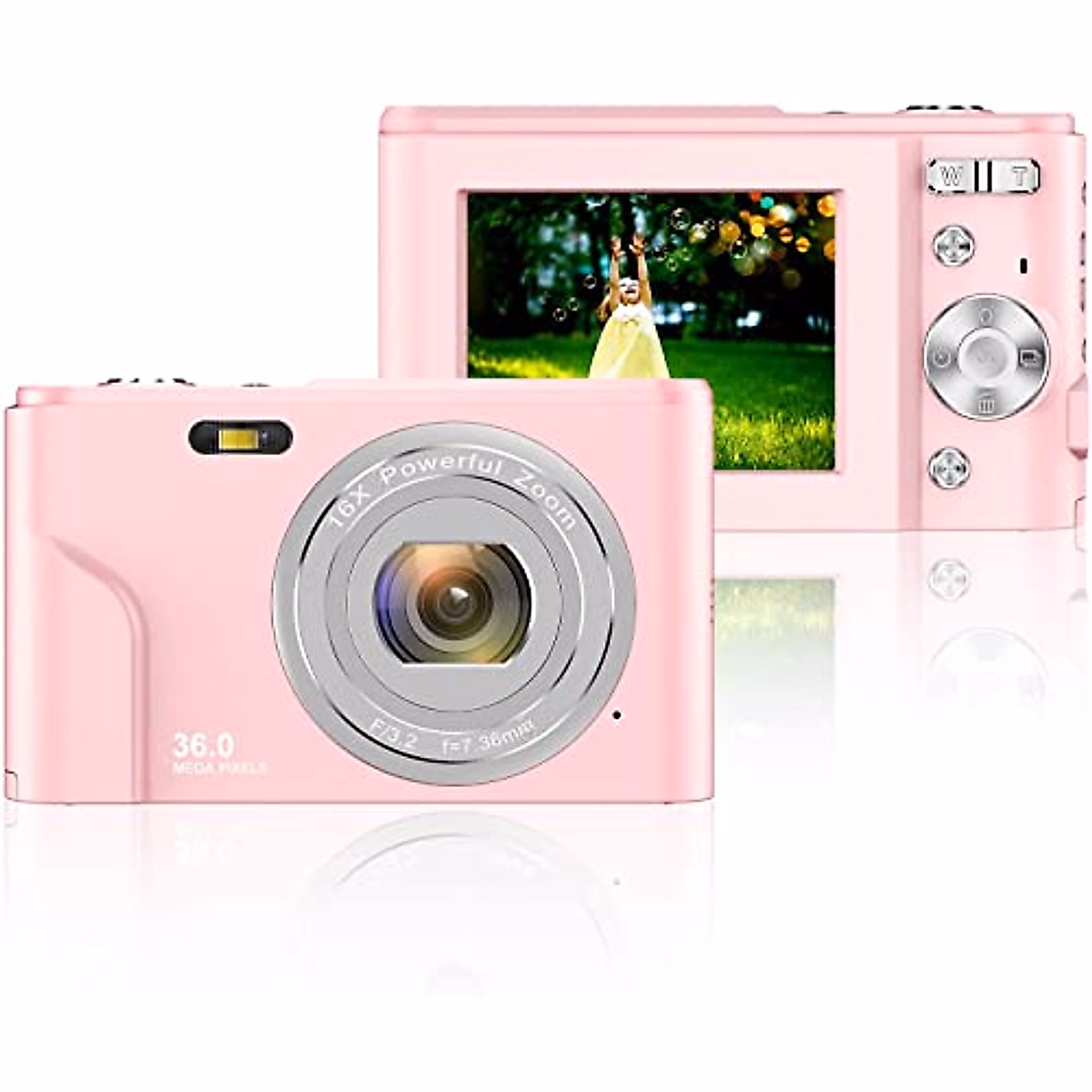 Digital Camera, AOREGRE FHD 1080P 36.0 MP Vlogging Camera with 16X Digital Zoom, 2.4 Inch LCD Screen, Compact Mini Small Camera Gift for Teens, Kids, Students (Pink)