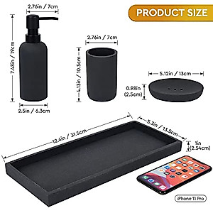 TAUVLL Bathroom Accessory Set-4 Pcs Complete Resin Bathroom Counter Vanity Accessories Sets Vanity Tray Lotion Dispenser/Soap Pump Toothbrush Holder Soap Dish-Matte Black Sandstone Modern Decor
