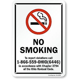 SmartSign 10 x 7 inch “No Smoking - to Report Violations Call 1-866-559-Ohio(6446) in Accordance with Chapter 3794” Ohio State Sign, Digital Printing, 55 mil HDPE Plastic, Red, Black and White