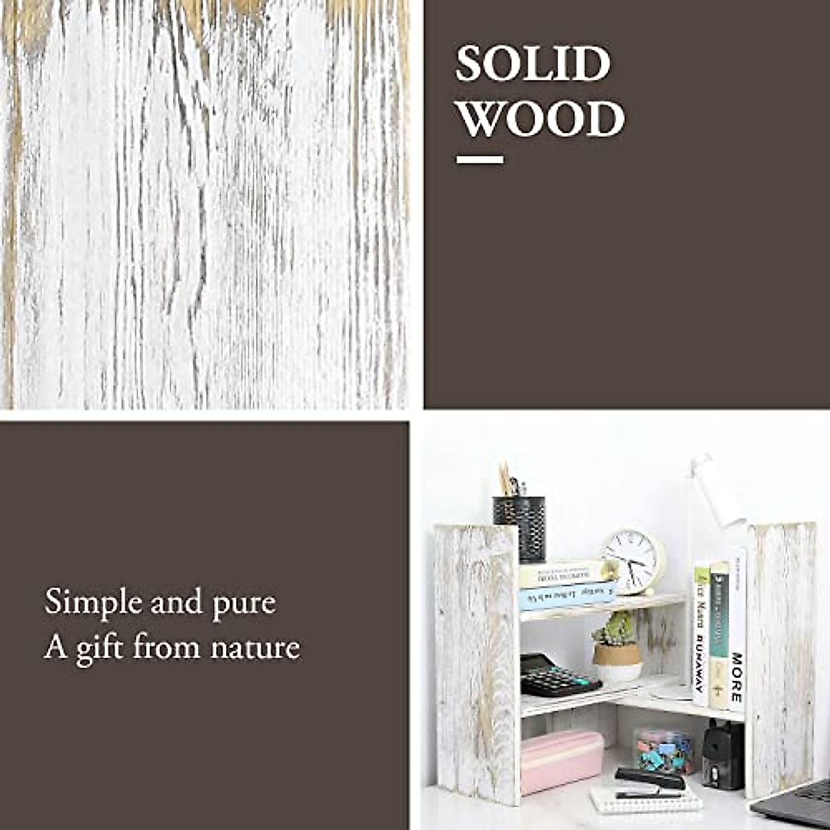 MyGift Adjustable Whitewashed Solid Wood Desktop Storage Organizer Display Shelf Book Rack, Office Desk Bookshelf