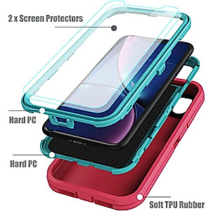 for iPhone XR Case with 2 x Screen Protector, Heavy Duty Shockproof/Drop Proof/Dust Proof 3-Layer Military Protection Full Body Rugged Defender Durable Cover for Apple iPhone XR (Pink)