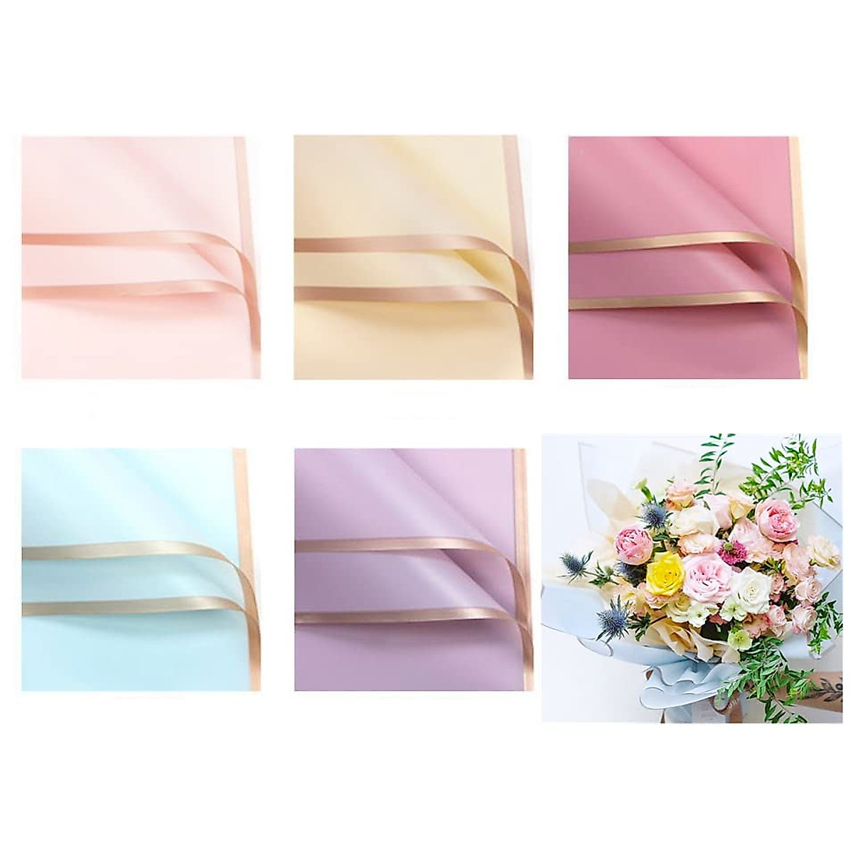XICHEN 100 Sheets /10 Colors Gold Edge Flower Wrapping Paper,Florist Bouquet Supplies,DIY Crafts,Gift Packaging or Gift Box Packaging, Waterproof Floral Wrapping Paper 22.8x22.8Inch