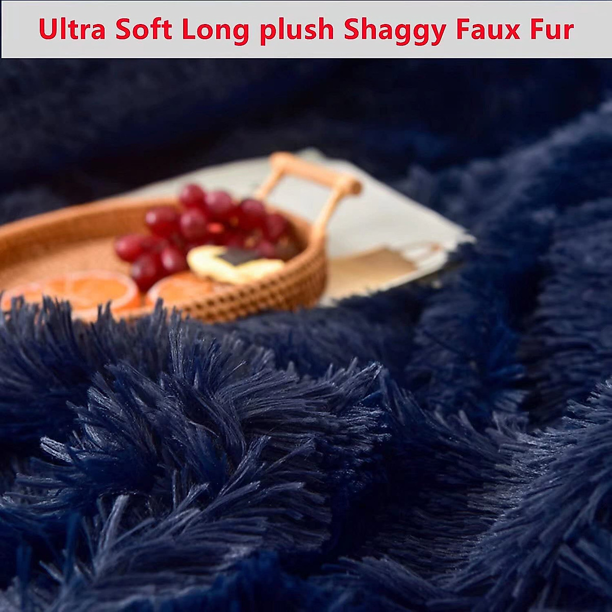 6Pcs Fluffy Faux Fur Duvet Cover Sets,Fuzzy Plush Shaggy Bedding Set(1Faux Fur Quilt Cover with Velvet Fabric Inner+1Flannel Flat Sheet+2 Shaggy Pillowcases+2 Heart Pillows) Zipper Closure Navy King