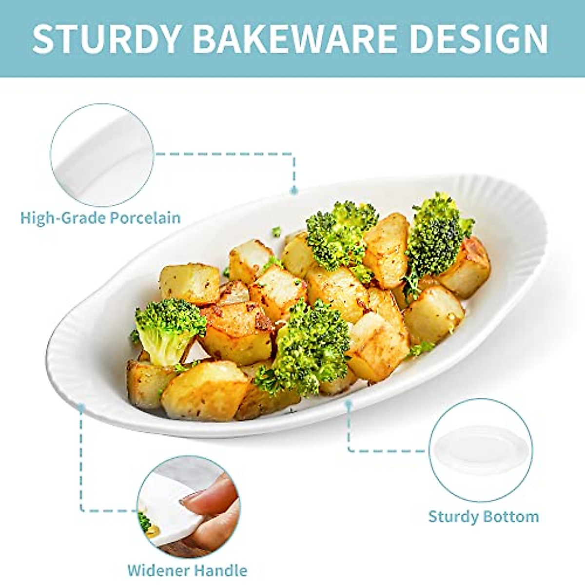 NJCharms Oval Au Gratin Baking Dishes for Oven Safe and Microwave Cooking, White Porcelain Small Mini Casserole Dish, 9 Inch, Set of 6