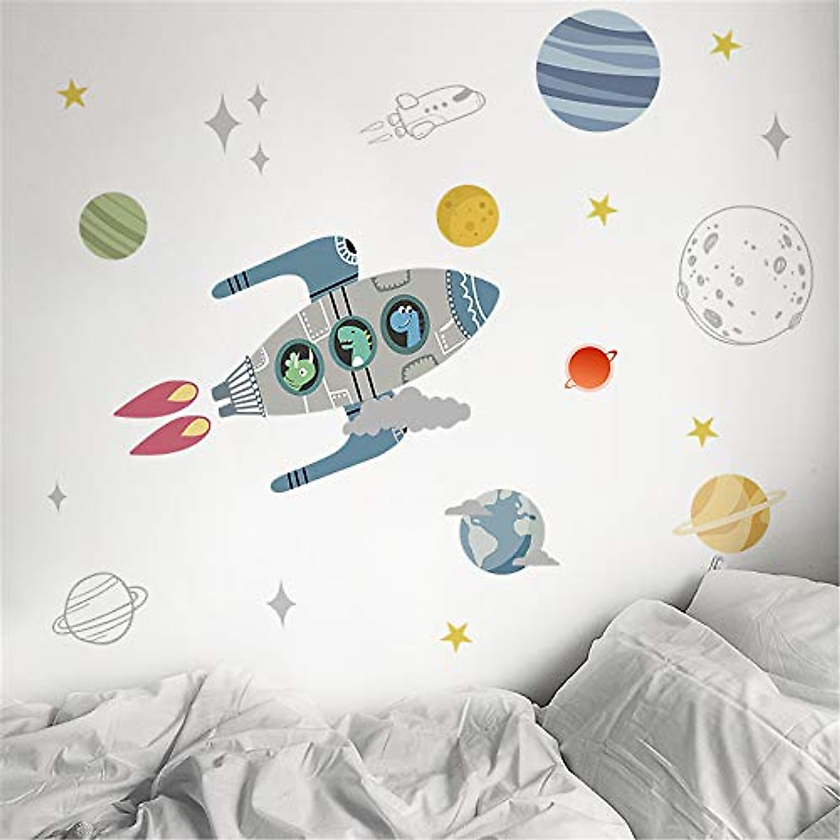 ROFARSO Cartoon Cute Dinosaurs on Rocket Wall Stickers Planets Outer Space Stars DIY Vinyl Removable Large Wall Decals Art Decorations Decor for Kids Boys Bedroom Living Room Playing Room Murals