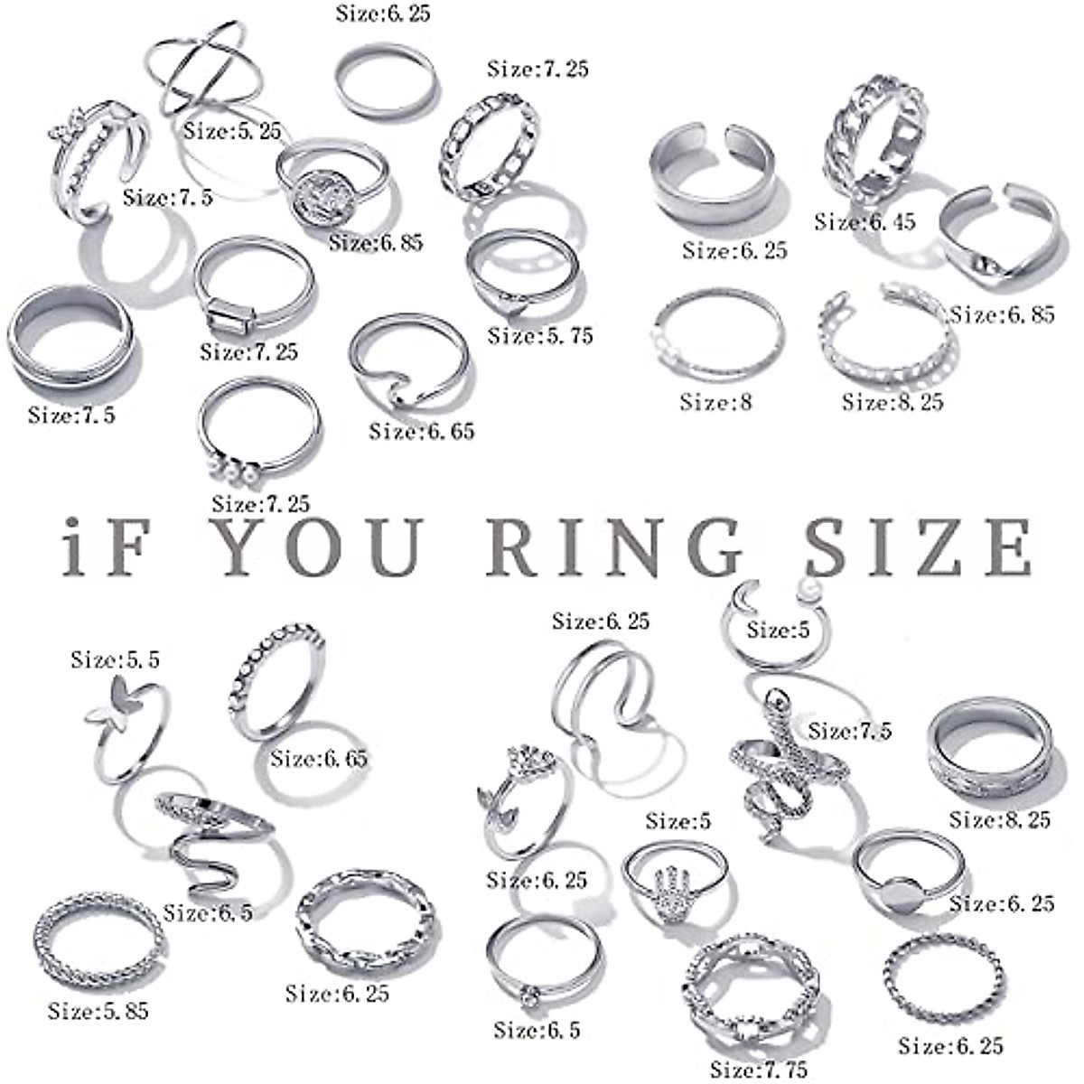 iF YOU 30 Pcs Vintage Knuckle Rings Set, Boho Butterfly Snake Stackable Finger Rings for Women, Silver Midi Rings Pack