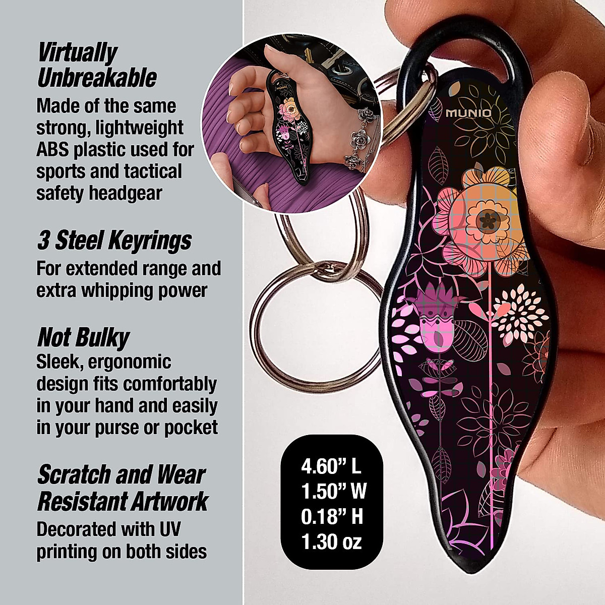 MUNIO Self Defense Keychain Kit – Personal Safety Device, Portable and Legal for Airplane Travel, TSA Approved, Made in the USA (Modern Flowers)