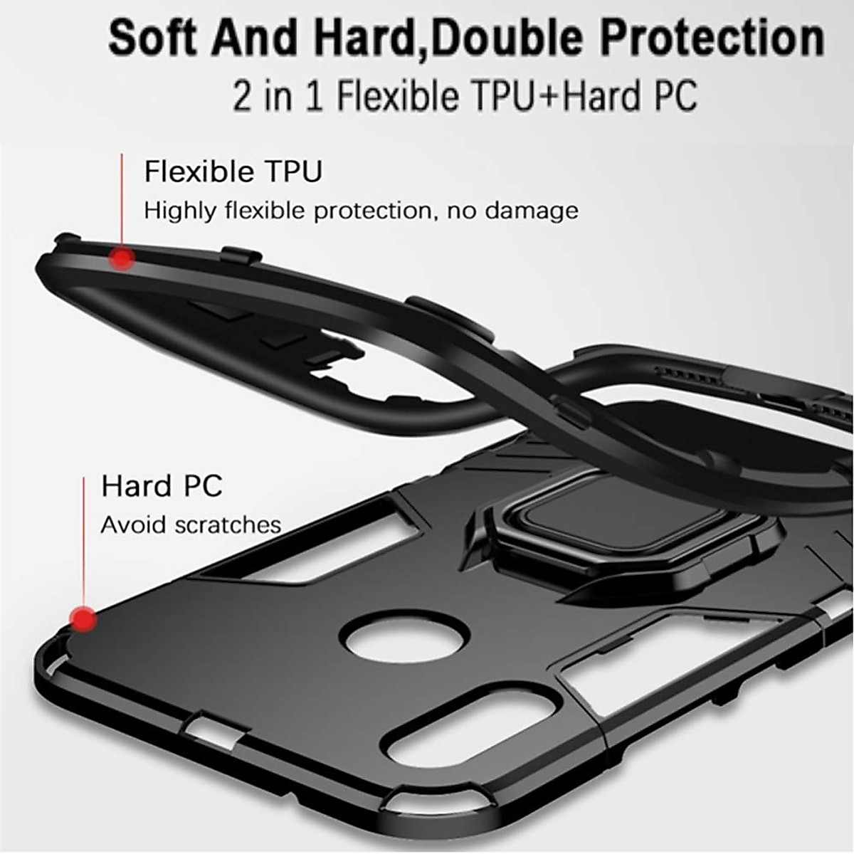 DuoLide for Huawei P30 Lite Case, 2 in 1 Hybrid Heavy Duty Armor Shockproof Defender Kickstand Dual Layer Bumper Hard Back Case Cover Tempered Glass Screen Protector，Black