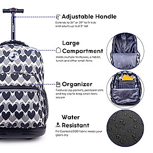 J World Sunrise Rolling Backpack. Roller Bag with Wheels, Heart Dot