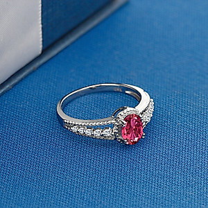 Gem Stone King 925 Sterling Silver Pink Tourmaline and White Topaz Engagement Ring For Women (0.91 Cttw, Oval 7X5MM, Gemstone Birthstone, Available In Size 5, 6, 7, 8, 9)
