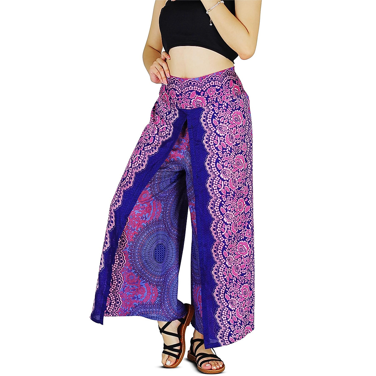 Your Cozy Harem Pants Yoga for Women Palazzo Beach Wear Wide Leg Boho Hippie Bohemian Aladdin Genie (Pink Blue Sunflower_S)