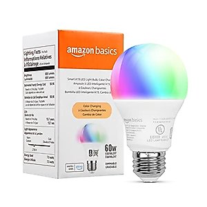 Amazon Basics Smart A19 LED Light Bulb, Color Changing, 2.4 GHz Wi-Fi, 60W Equivalent 800LM, Works with Alexa Only, 1-Pack, Certified for Humans