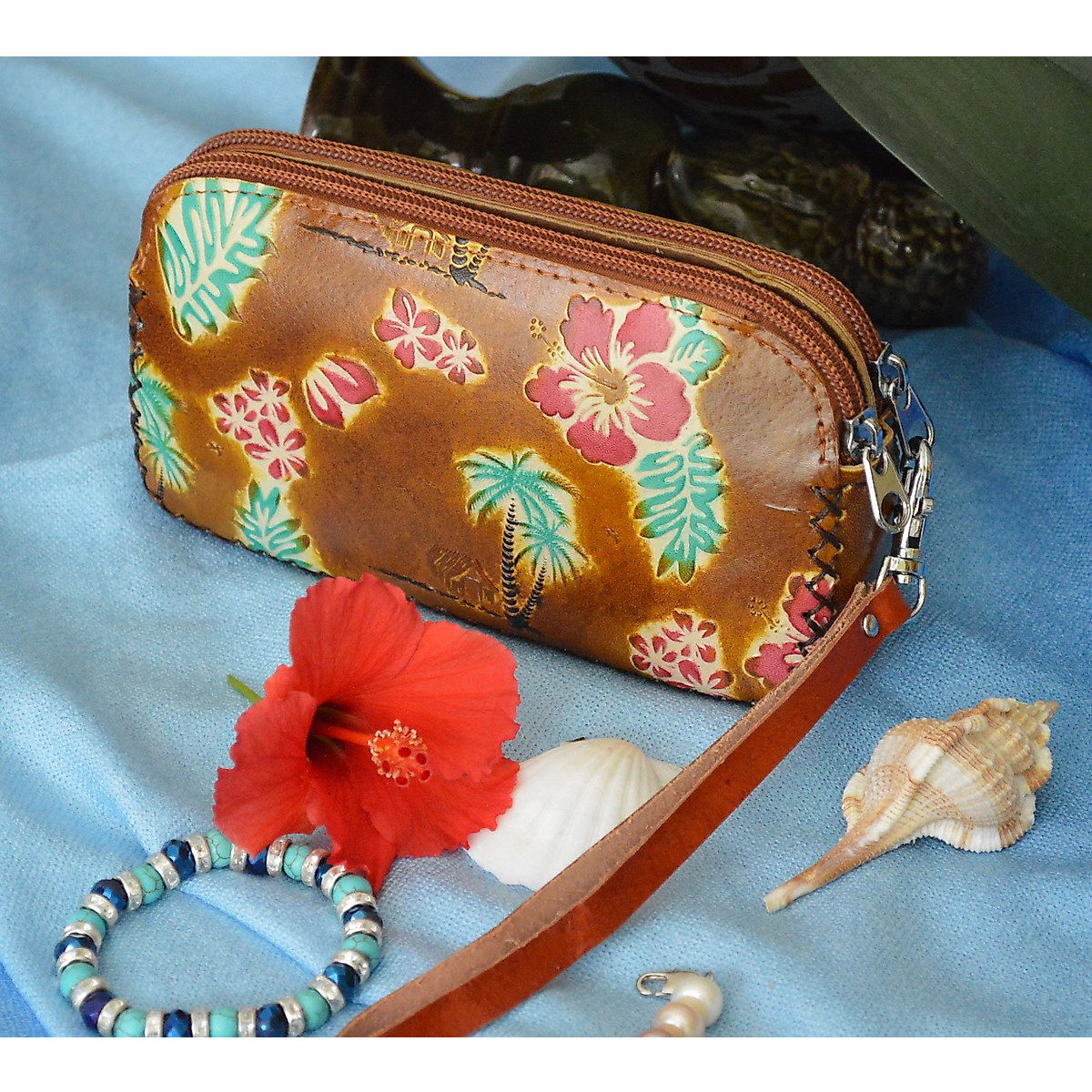 Leather Purse/wallet,two Zipper for Two Separate Rooms, Lovely Hawaii Scenery (Brown)