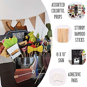 Western Photo Booth Props - 41-pc Photo Prop Kit with 8 x 10-Inch Sign, 60 Adhesive Pads, 45 Sticks - Photo Booth Props Country Theme - Wild West Photo Props
