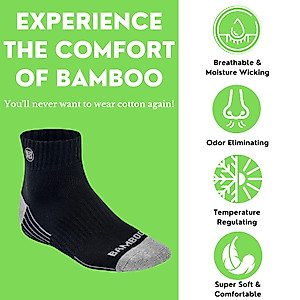 Premium Bamboo Crew Work Socks- Quarter High Moisture Wicking, Odor Eliminating Black Quarter Crew Socks for Men Size 9-12 - 3 Pair