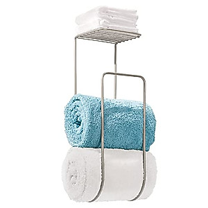 mDesign Bathroom Towel Holder and Organizer with Storage Shelf - Modern Metal Wall Mount Towel Rack - Towel Holder Rack for Bathroom with Shelf for Soaps and Accessories - Concerto Collection - Satin