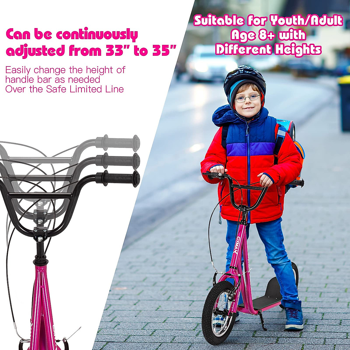 GYMAX Scooter, Kids & Adults Off-Road Scooter with 12" Inflatable Wheels, Adjustable Height Handlebar, V-Type Handbrakes & Axle Pegs for All Terrain, 8+ (Pink)