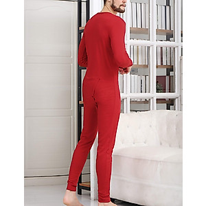 COLORFULLEAF Men's Cotton Thermal Underwear Union Suits Henley Onesies Base Layer (Red, XL)