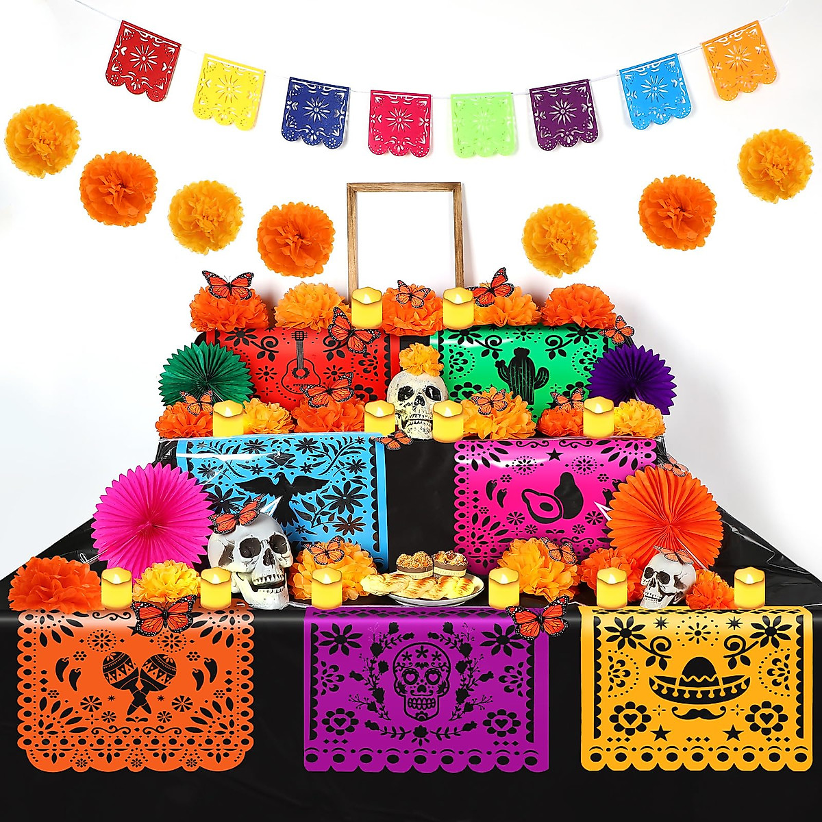 Newwiee 82 Pcs Day of the Dead Altar Kit Flameless LED Candle Paper Marigold Flower Fan Monarch Butterfly Papel Picado Banner Disposable Tablecloth for Dia De Los Muertos Altar Diwali(Cute Color)
