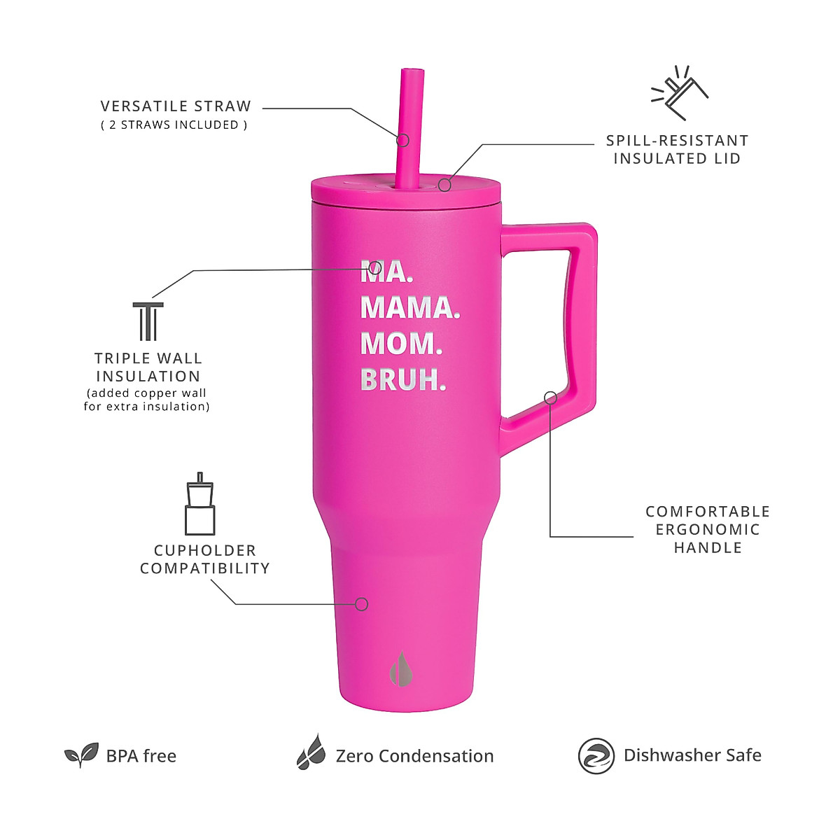 Best Valentine 40oz Tumbler for Her - Insulated Travel Tumbler with Handle, Lid and Straw - Gift for Mom & Mother In Law on Valentine's Day, Birthday & Mother’s Day - Hot Pink