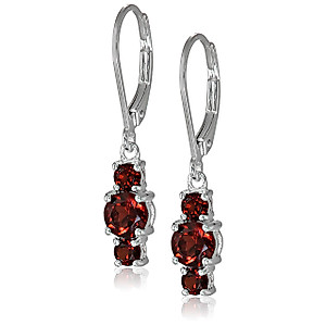 Amazon Essentials Sterling Silver Genuine Garnet 5mm and 3mm Three Stone January Birthstone Leverback Dangle Earrings (previously Amazon Collection)