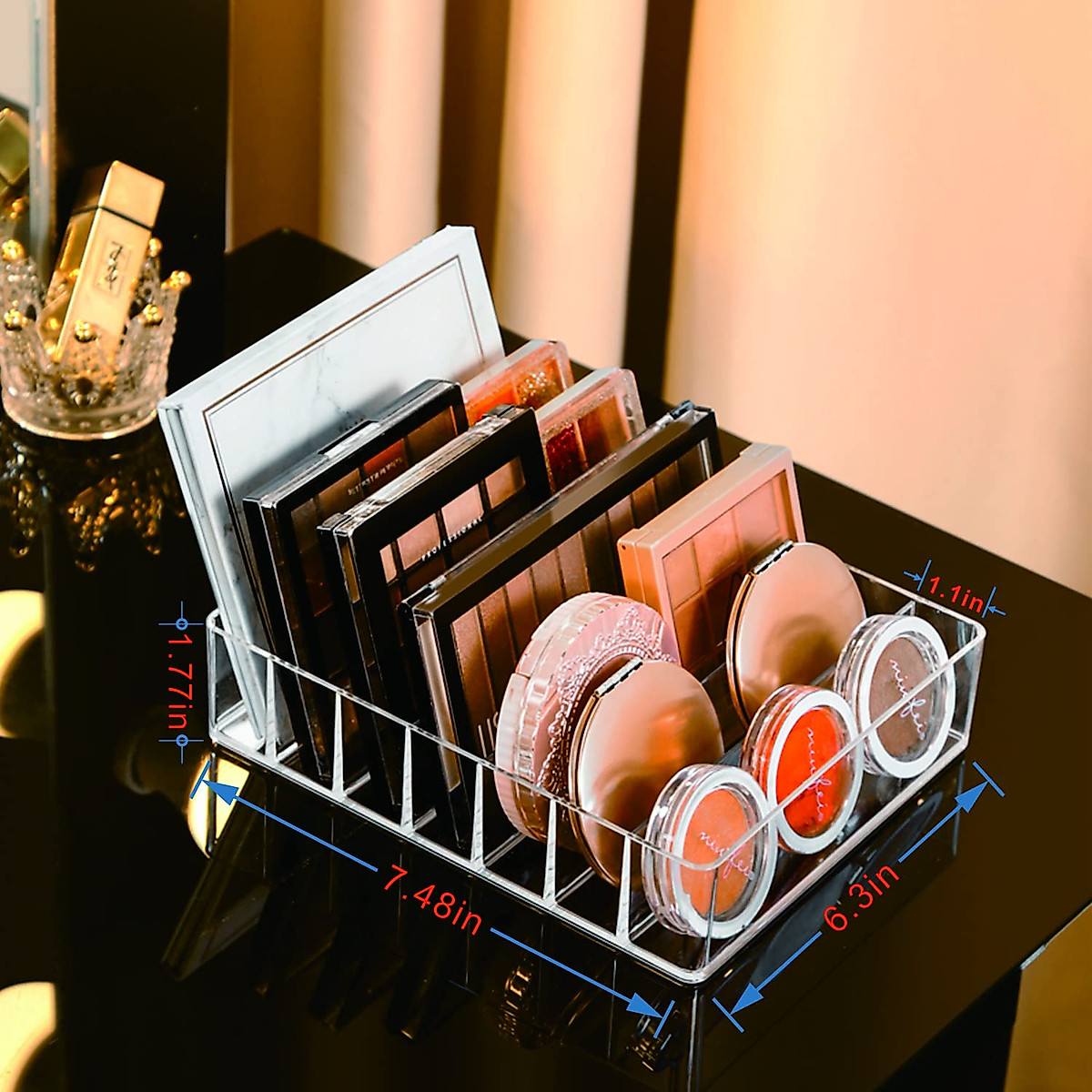 LoengMax Makeup Organizer, Eyeshadow Palette Organizer, 7 Section Acrylic Divided Palette Holder, for Eyeshadow Palettes, Contour Kits, Blush(Clear, 7.48x 6.3 x 1.77 in)