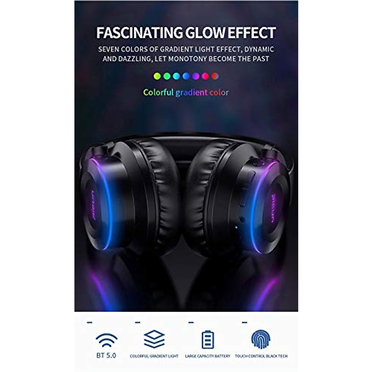 Wireless Glowing Headset Foldable Headphones Bluetooth 5.0 Fingers Touch Control with MIC TF Card 3.5mm Audio Port deep bass (Black Color)