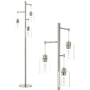 VONLUCE 3-Head Floor Lamp Modern, Vintage Floor Lamp Industrial for Living Room Reading, Mid-Century Standing Floor Lamp Multi-Light for Bedroom Office w/ 3 Edison Bulbs and Clear Glass Lamp Shades