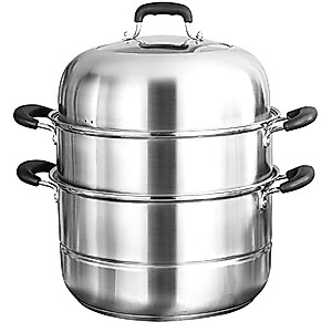 MANO Steamer Pot for Cooking 11 inch Steam Pots with Lid 2-tier Multipurpose Stainless Steel Steaming Pot Cookware with Handle for Vegetable, Dumpling, Stock, Sauce, Food
