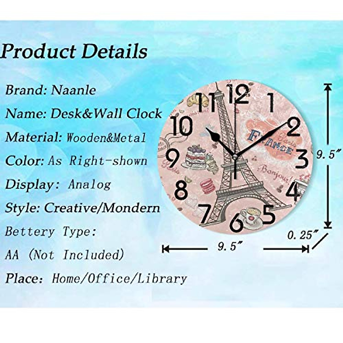 Naanle Franch Eiffel Tower Round Wall Clock, 9.5 Inch Battery Operated Quartz Analog Quiet Desk Clock for Home,Office,School,Cafe