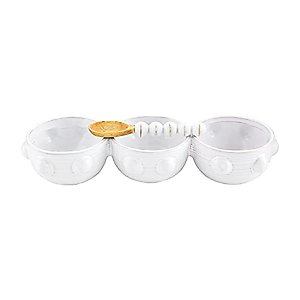 Mud Pie Triple Beaded Dip Set, White, dish 4 1/4" x 12 3/4" | spoon 5 1/2"